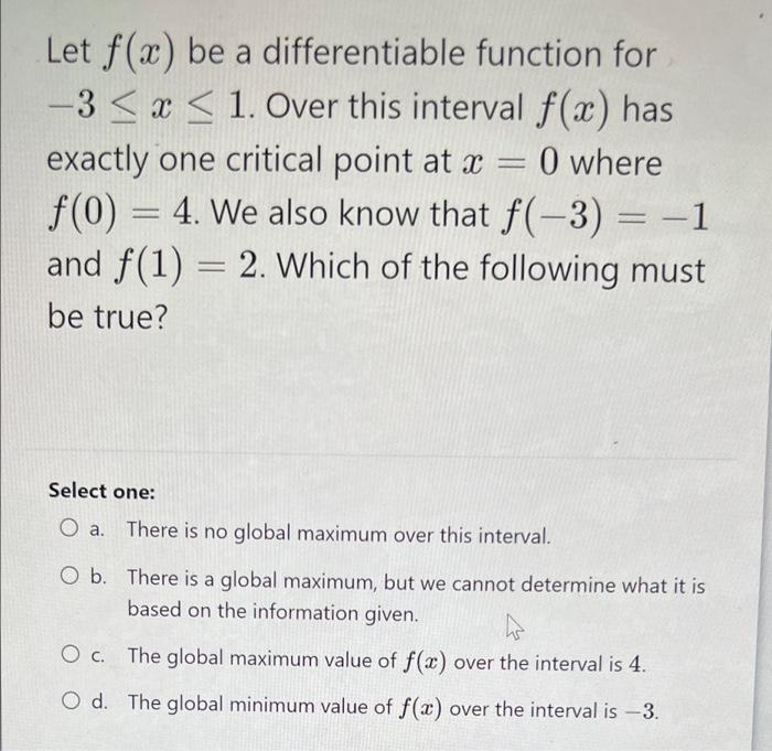 Solved Let f(x) be a differentiable function for −3≤x≤1. | Chegg.com