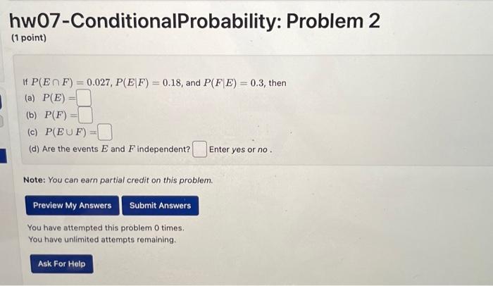 Solved hw07-ConditionaIProbability: Problem 2 (1 point) If | Chegg.com