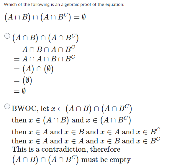 Which of the following is an algebraic proof of the | Chegg.com