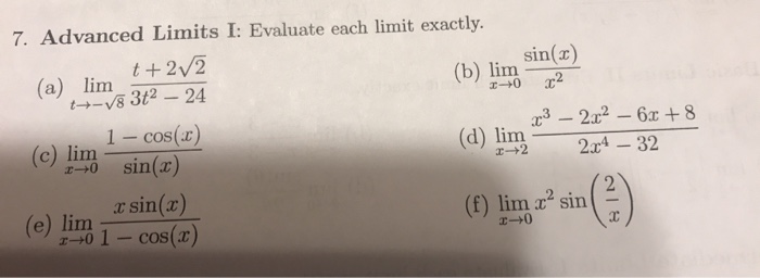 Solved 7. Advanced Limits I: Evaluate each limit exactly. | Chegg.com