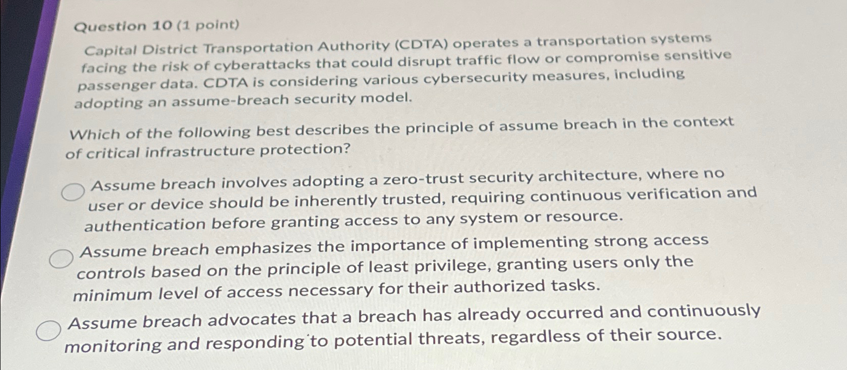 Solved Question 10 (1 ﻿point)Capital District Transportation | Chegg.com