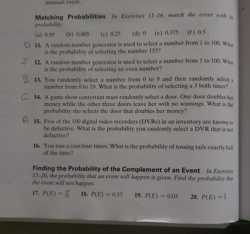 Solved unusual event. Matching Probabilities In Exercises | Chegg.com