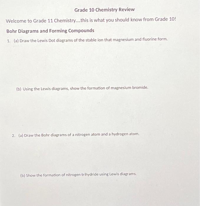 Solved Grade 10 Chemistry Review Welcome to Grade 11 | Chegg.com