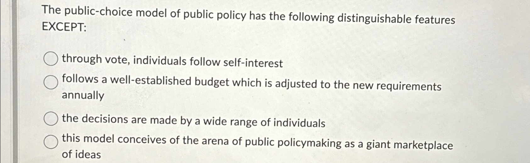 Solved The public-choice model of public policy has the | Chegg.com