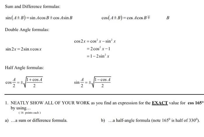 Solved Sum and Difference formulas: | Chegg.com