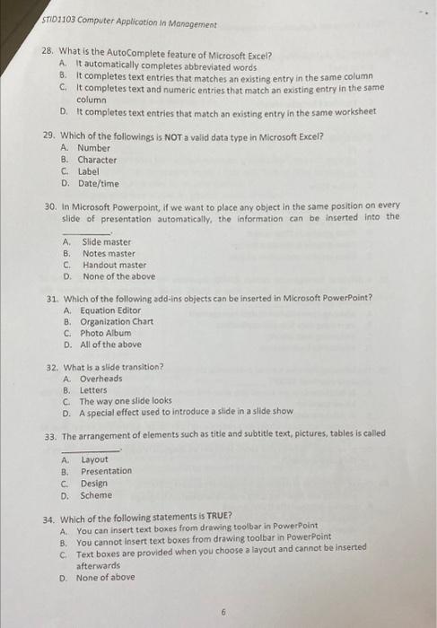 Solved STD1103 Computer Application in Management 23. A is | Chegg.com