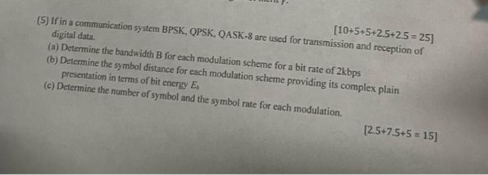 Solved (5) If in a communication system BPSK, QPSK, QASK-8 | Chegg.com