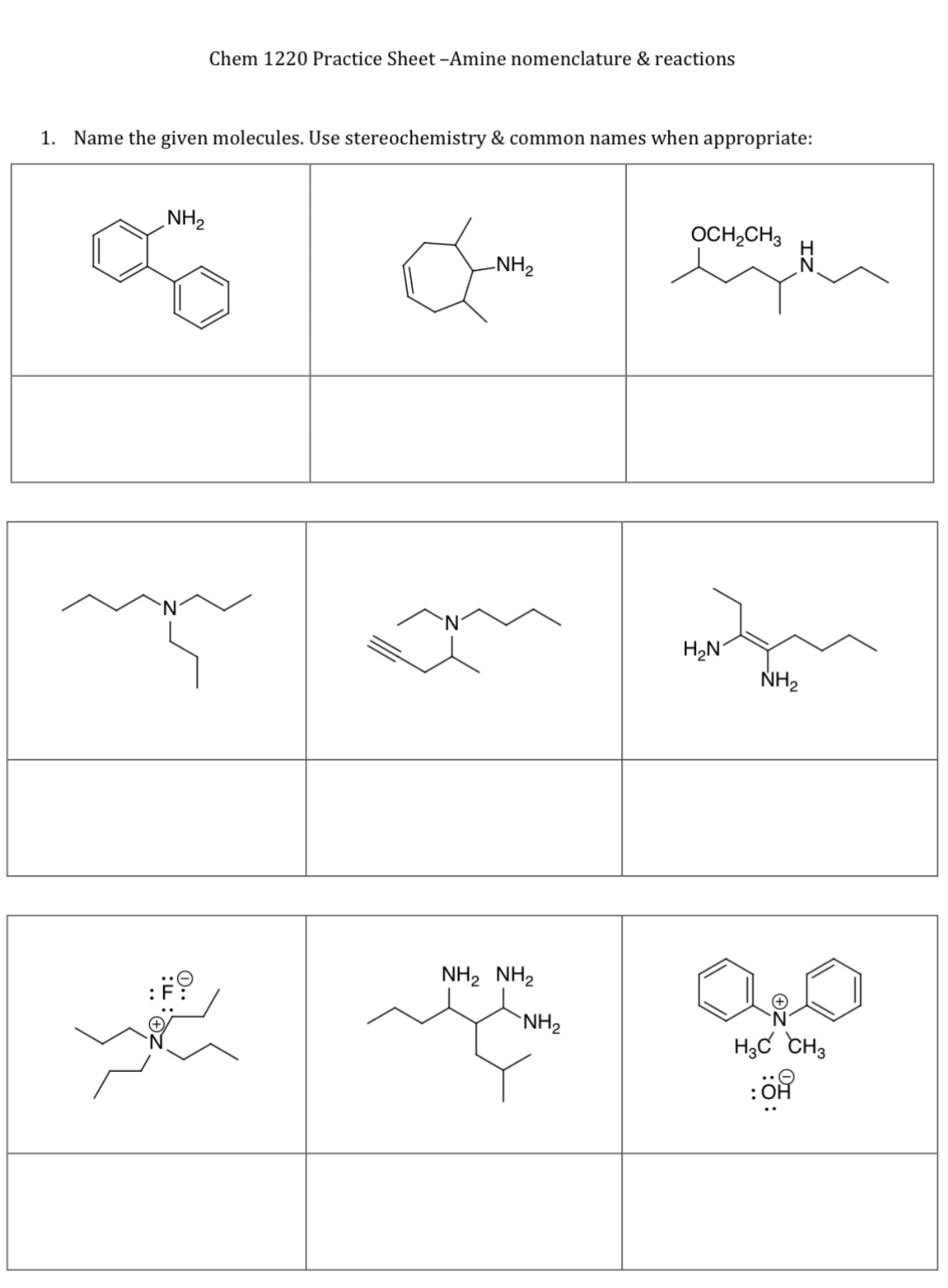 Solved Chem 1220 ﻿Practice Sheet -Amine nomenclature & | Chegg.com
