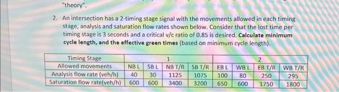 Solved 2. An intersection has a 2-timing stage signal with | Chegg.com