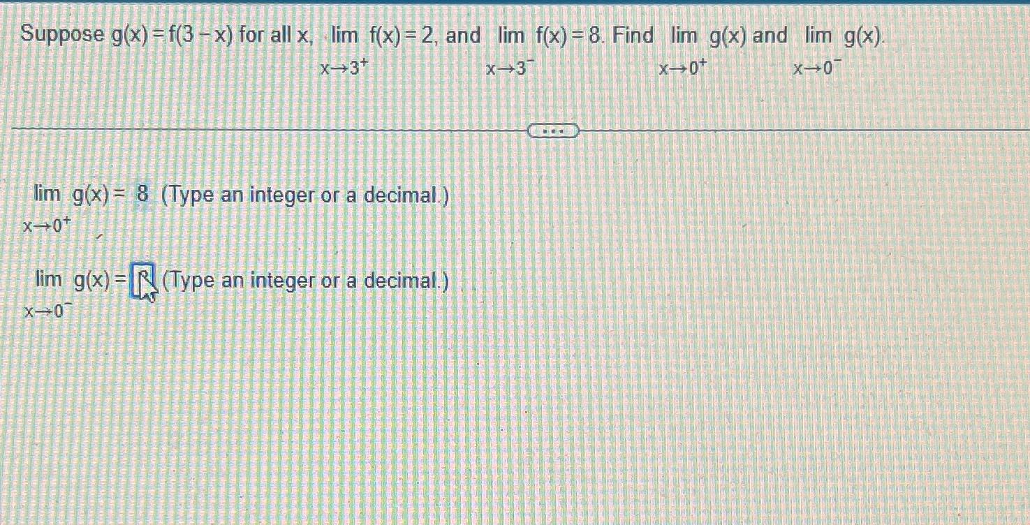 Solved Suppose g(x)=f(3-x) for all x,lim?f(x)=2, and | Chegg.com Solved Suppose g(x)=f(3-x) for all x,lim?f(x)=2, and | Chegg.com