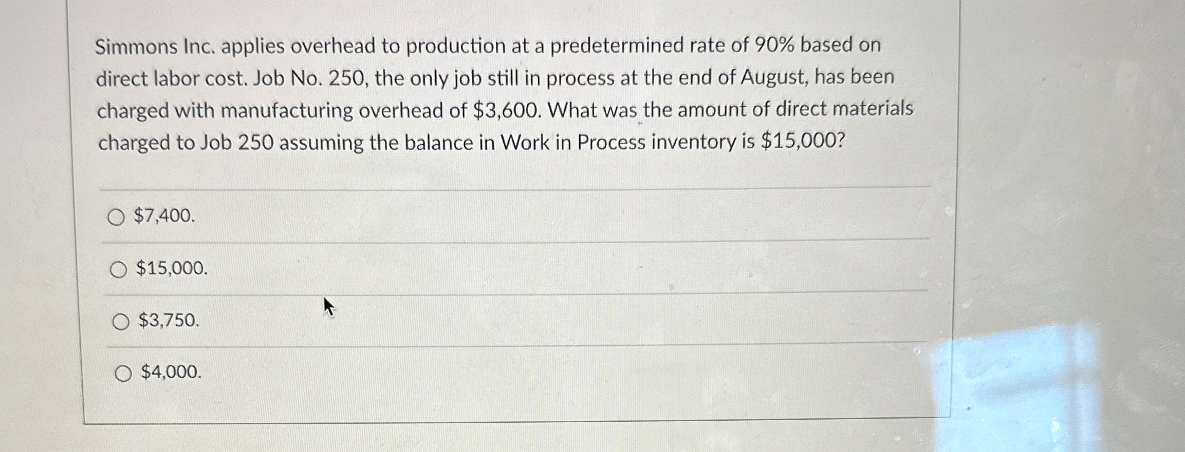 Solved Simmons Inc. applies overhead to production at a | Chegg.com