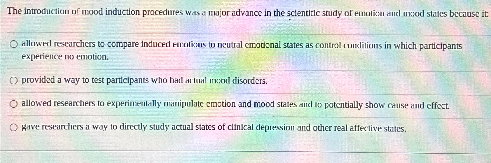 Solved The introduction of mood induction procedures was a | Chegg.com Solved The introduction of mood induction procedures was a | Chegg.com