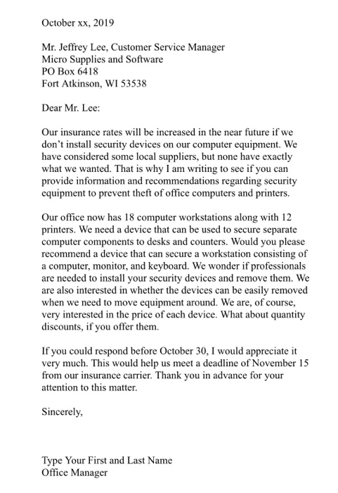 Your Task: Write a direct request block-style letter | Chegg.com