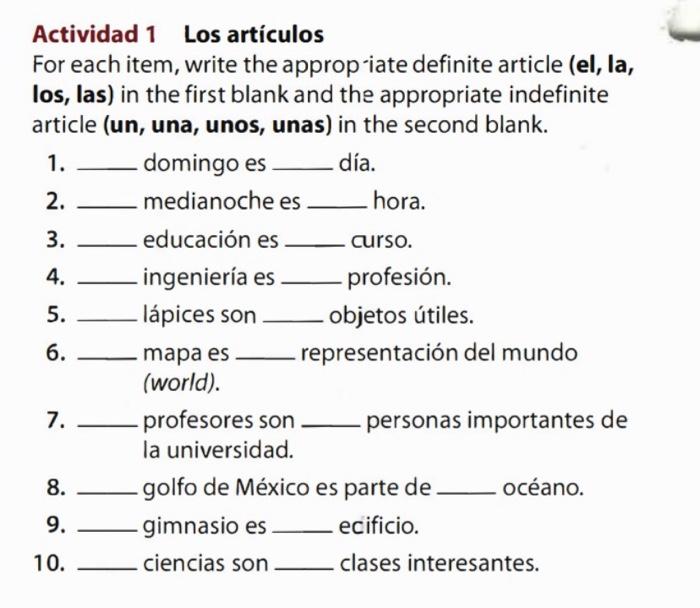 Actividad 1 Los articulos For each item, write the | Chegg.com