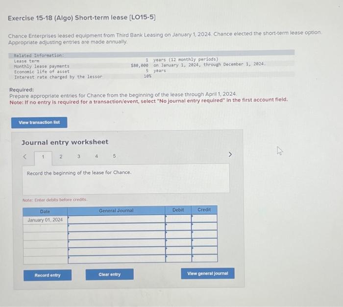 Solved Exercise 15-18 (Algo) Short-term lease [LO15-5] | Chegg.com