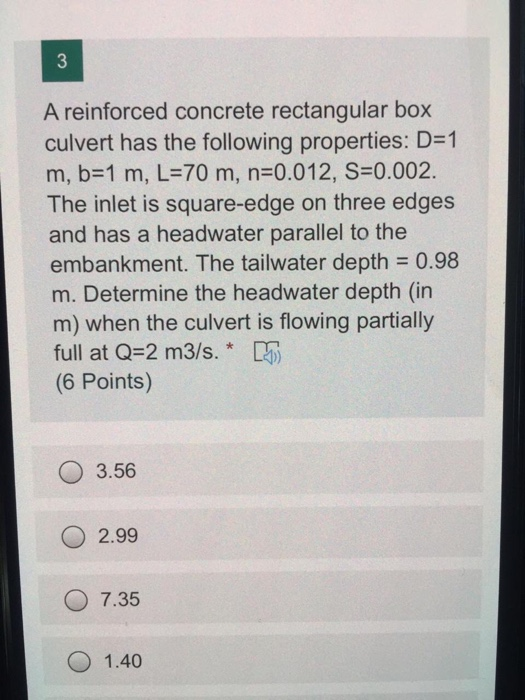 Solved 3 A reinforced concrete rectangular box culvert has | Chegg.com