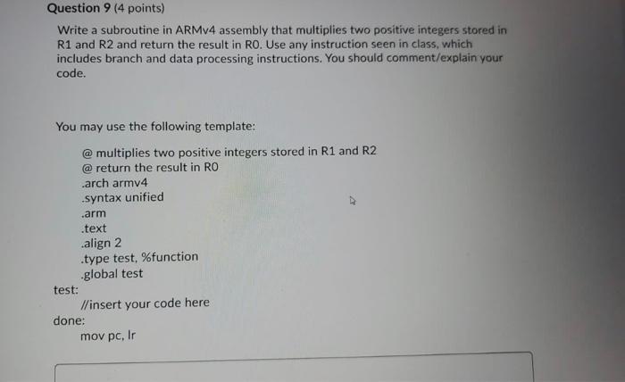 Solved Question 9 (4 points) Write a subroutine in ARMv4 | Chegg.com