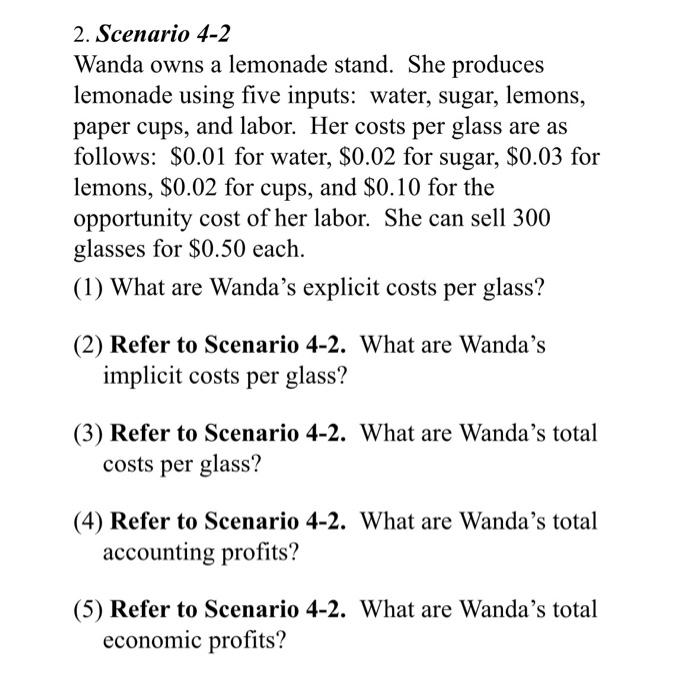 Solved 2. Scenario 4-2 Wanda owns a lemonade stand. She | Chegg.com