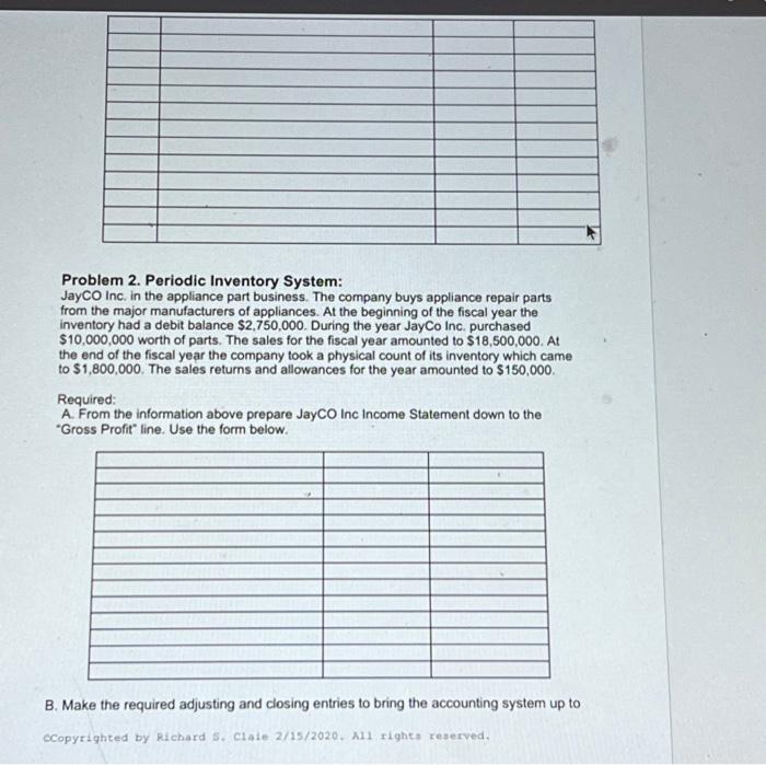 Problem 2. Periodic Inventory System: JayCO Inc. in | Chegg.com