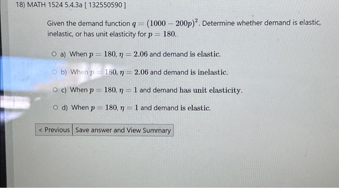 Solved 18) MATH 1524 5.4.3a [ 132550590] Given the demand | Chegg.com