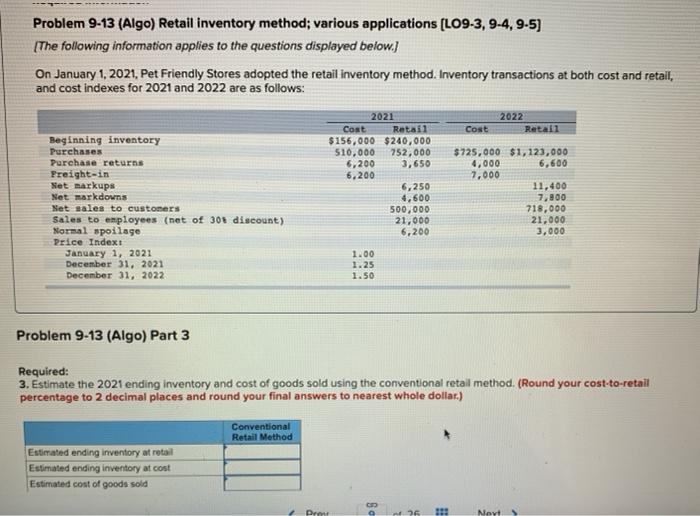 Solved Problem 9-13 (Algo) Retail inventory method; various | Chegg.com
