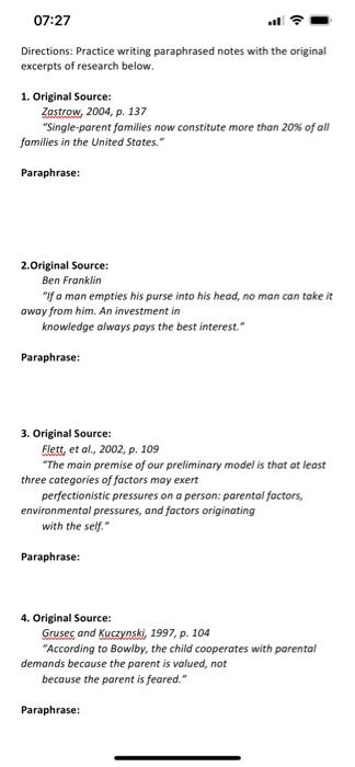 Directions: Practice writing paraphrased notes with | Chegg.com