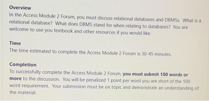 Solved Overview In the Access Module 2 Forum, you must | Chegg.com