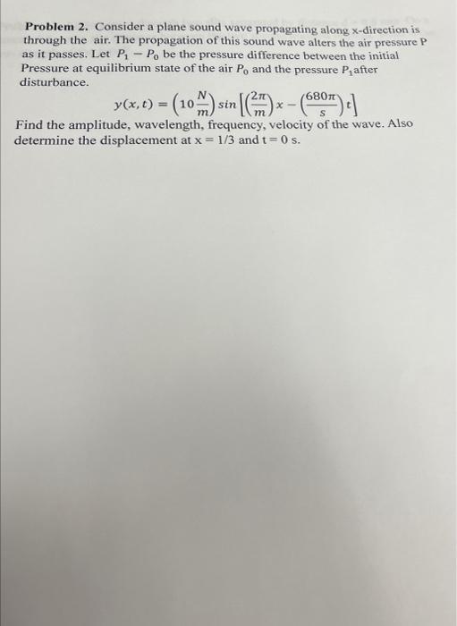 Solved Problem 2. Consider a plane sound wave propagating | Chegg.com
