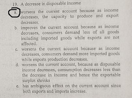 Solved A decrease in disposable incomea. ﻿worsens the | Chegg.com