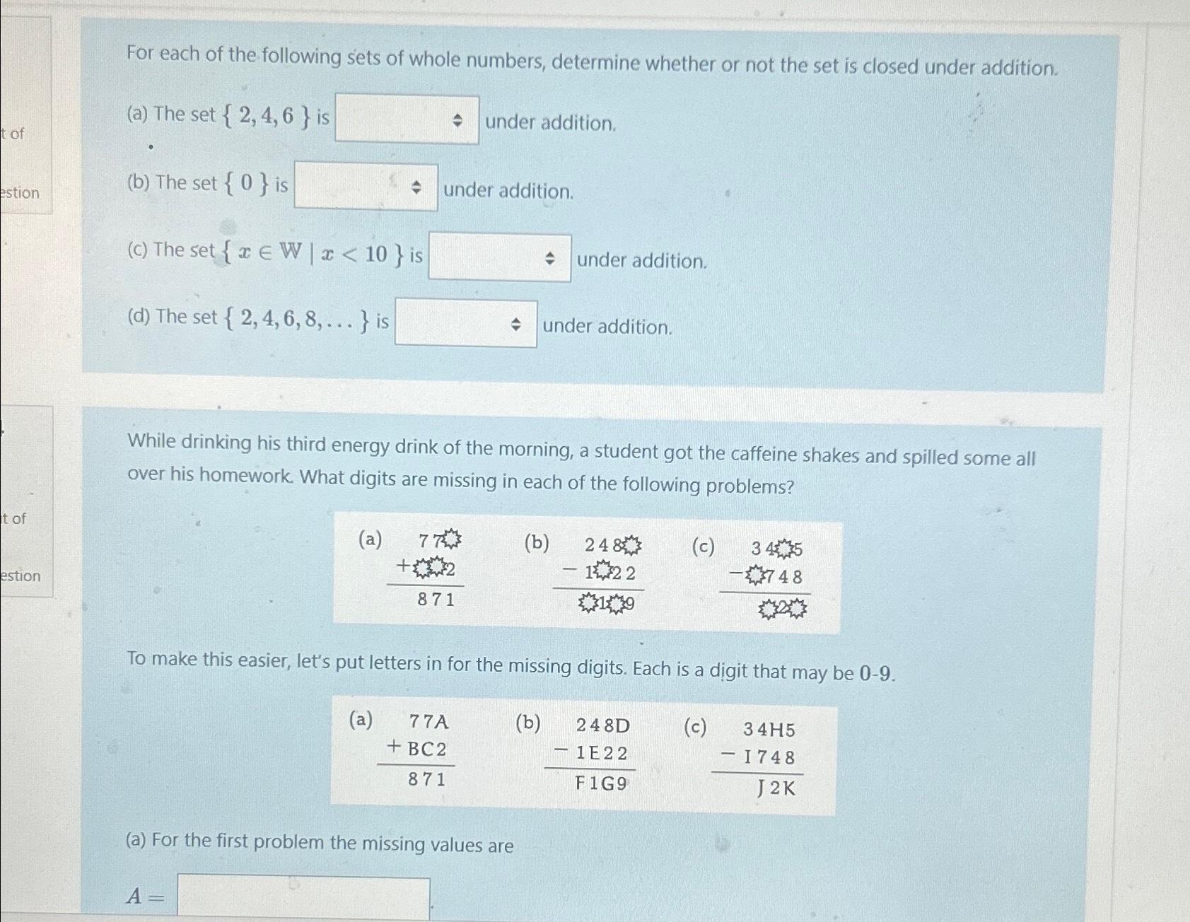 Solved For each of the following sets of whole numbers, | Chegg.com