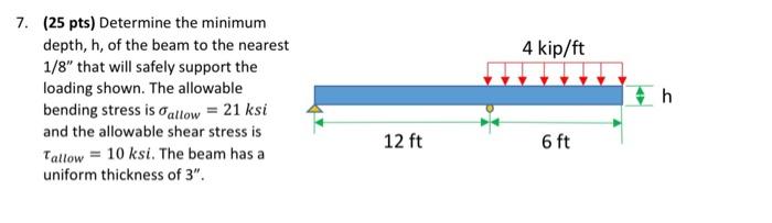 Solved 4 kip/ft 7. (25 pts) Determine the minimum depth, h, | Chegg.com