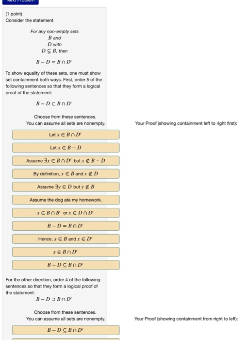 Solved (1 point) Consider the statement For any non-empty | Chegg.com