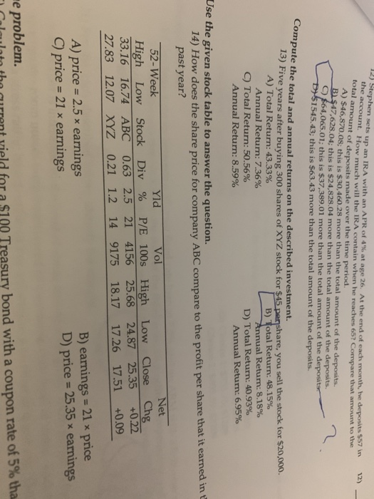 Solved 12) Stephen sets up an IRA with an APR of 4% at age | Chegg.com