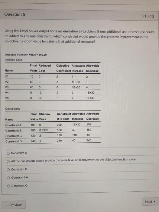Solved Question 5 313 Pts Using The Excel Solver Output For 