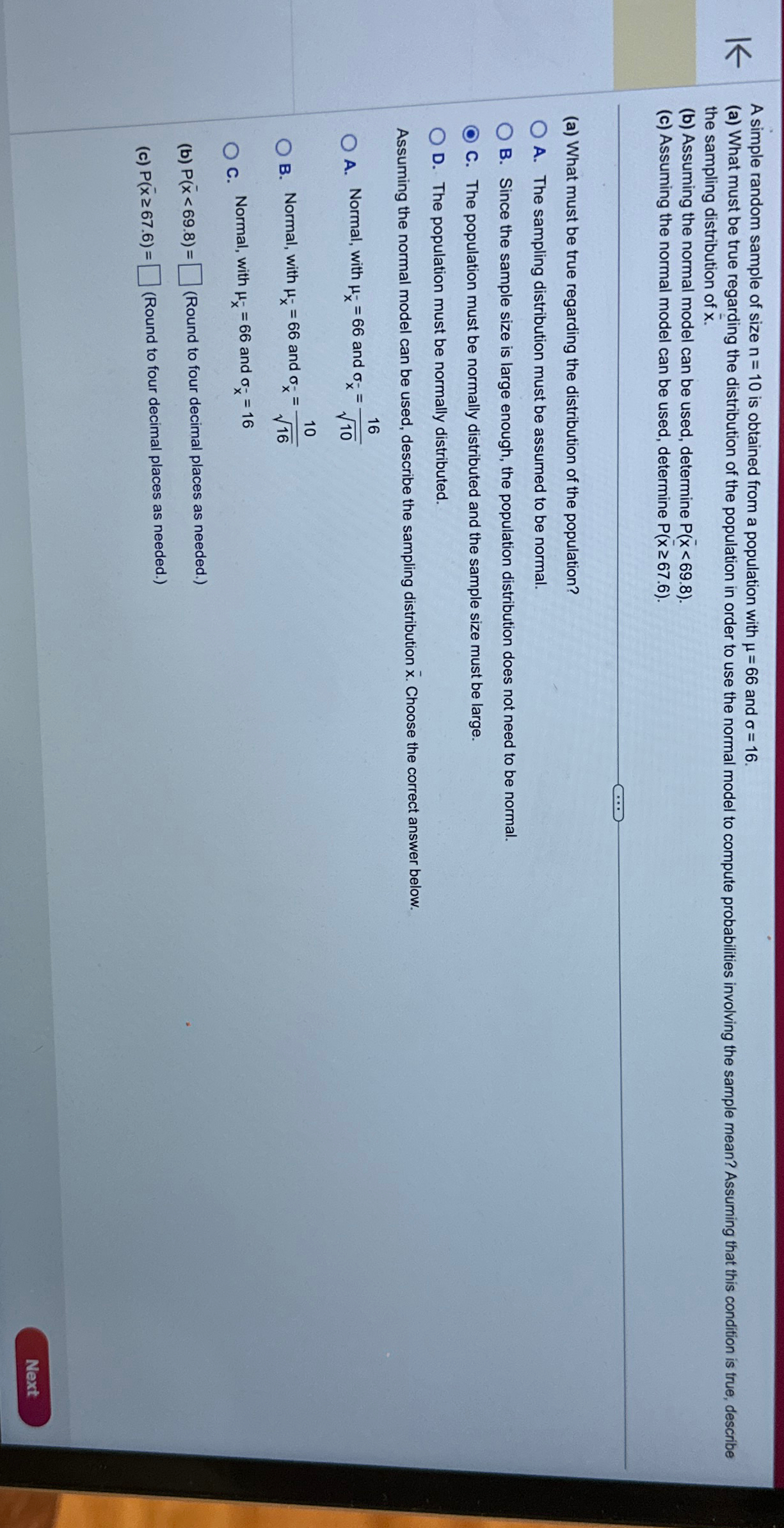 Solved A simple random sample of size n=10 ﻿is obtained from | Chegg.com