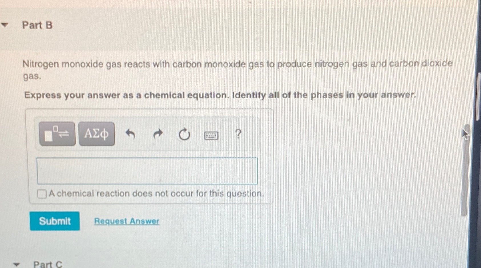 Solved Part BNitrogen monoxide gas reacts with carbon | Chegg.com