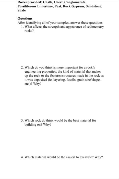 Solved Rocks provided: Chalk, Chert, Conglomerate, | Chegg.com