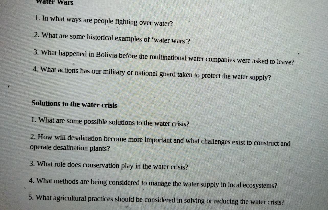 Solved ater Wars 1. In what ways are people fighting over | Chegg.com