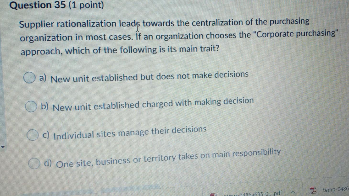 Solved Question 35 (1 point) Supplier rationalization leads | Chegg.com