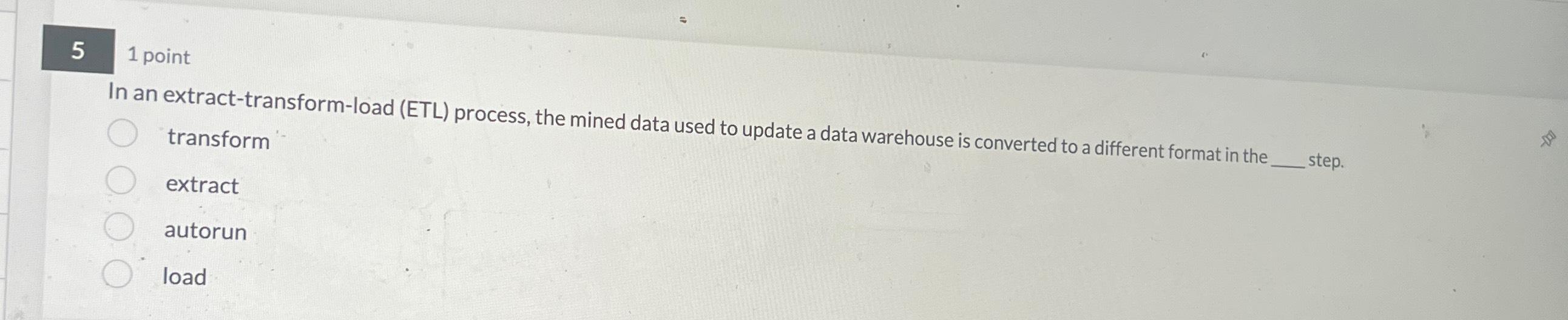 Solved 51 ﻿pointIn an extract-transform-load (ETL) ﻿process, | Chegg.com