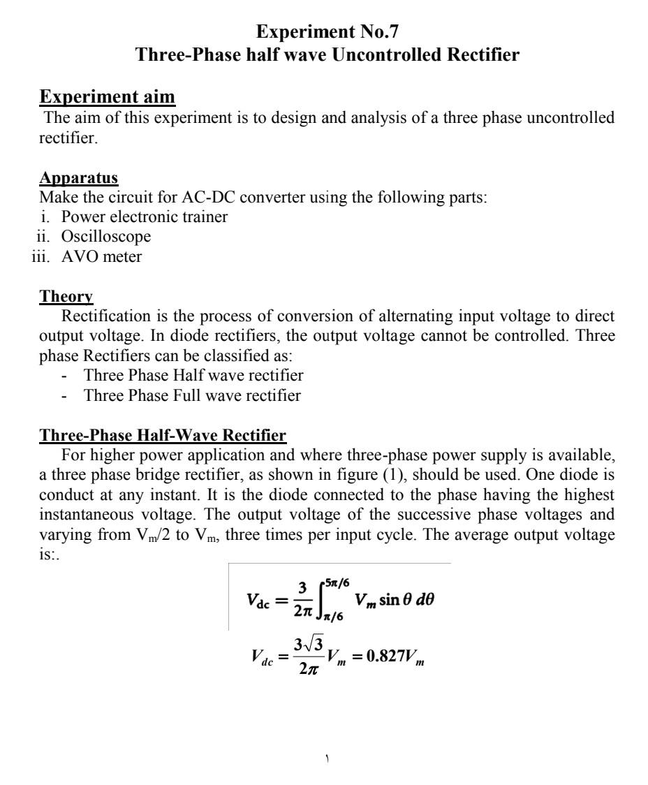 Solved Experiment No.7 Three-Phase half wave Uncontrolled | Chegg.com