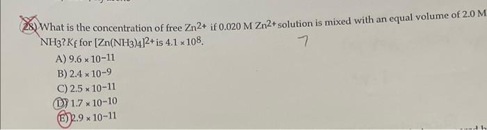 Solved 28) What is the concentration of free Zn2+ if | Chegg.com