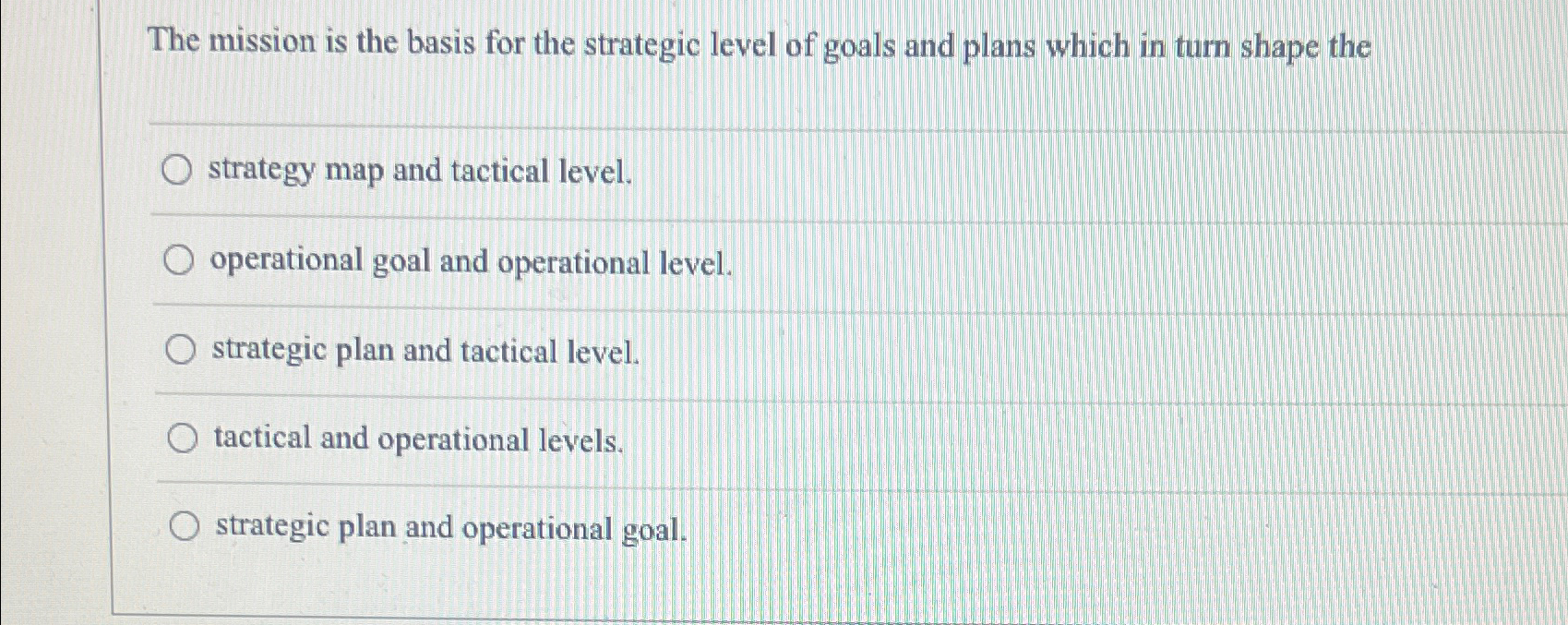 Solved The mission is the basis for the strategic level of | Chegg.com
