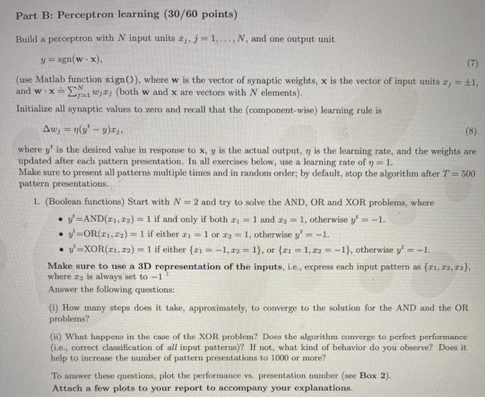 Part B: Perceptron learning (30/60 points) Build a | Chegg.com