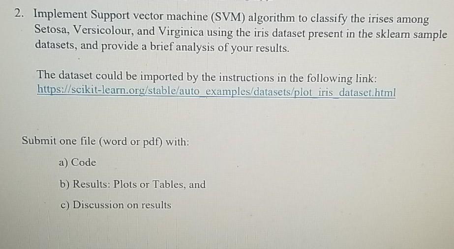 Solved 2. Implement Support vector machine (SVM) algorithm | Chegg.com