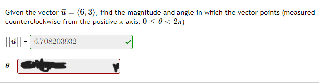 Solved Given the vector vec(u)=(6,3), ﻿find the magnitude | Chegg.com