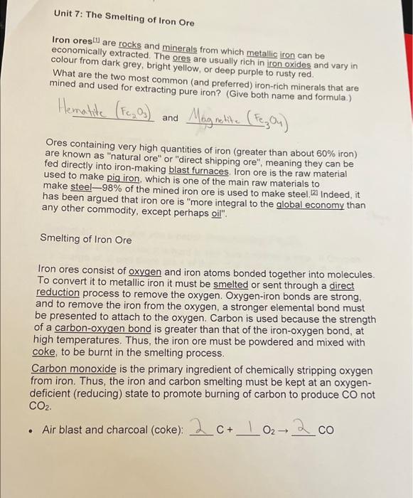 Solved Unit 7: The Smelting of Iron Ore Iron ores "11] are | Chegg.com