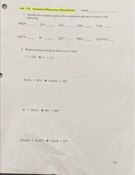 Solved Lab 17A: Oxidation/Reduction Work/Study Name 1. | Chegg.com