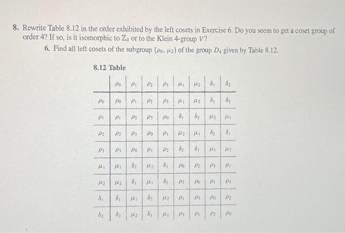 Solved 8. Rewrite Table 8.12 in the order exhibited by the | Chegg.com
