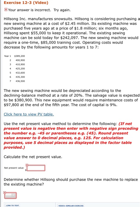 Solved Exercise 12-3 (Video) * Your answer is incorrect. Try | Chegg.com